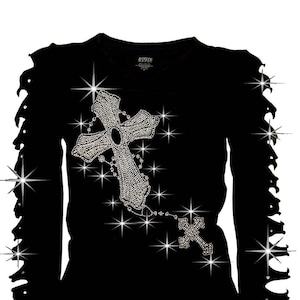 Womens Tops Shirts Bling Bling Rhinestone T-shirt Two Cross Ripped Cut ...