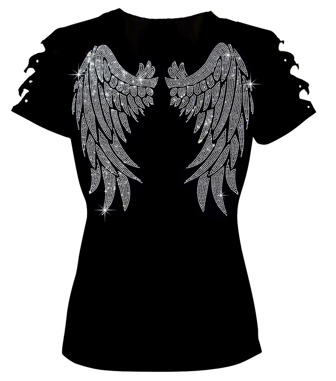 Rhinestone Angel Wings T-shirt: Ripped Cut Out Short Sleeves V-neck ...