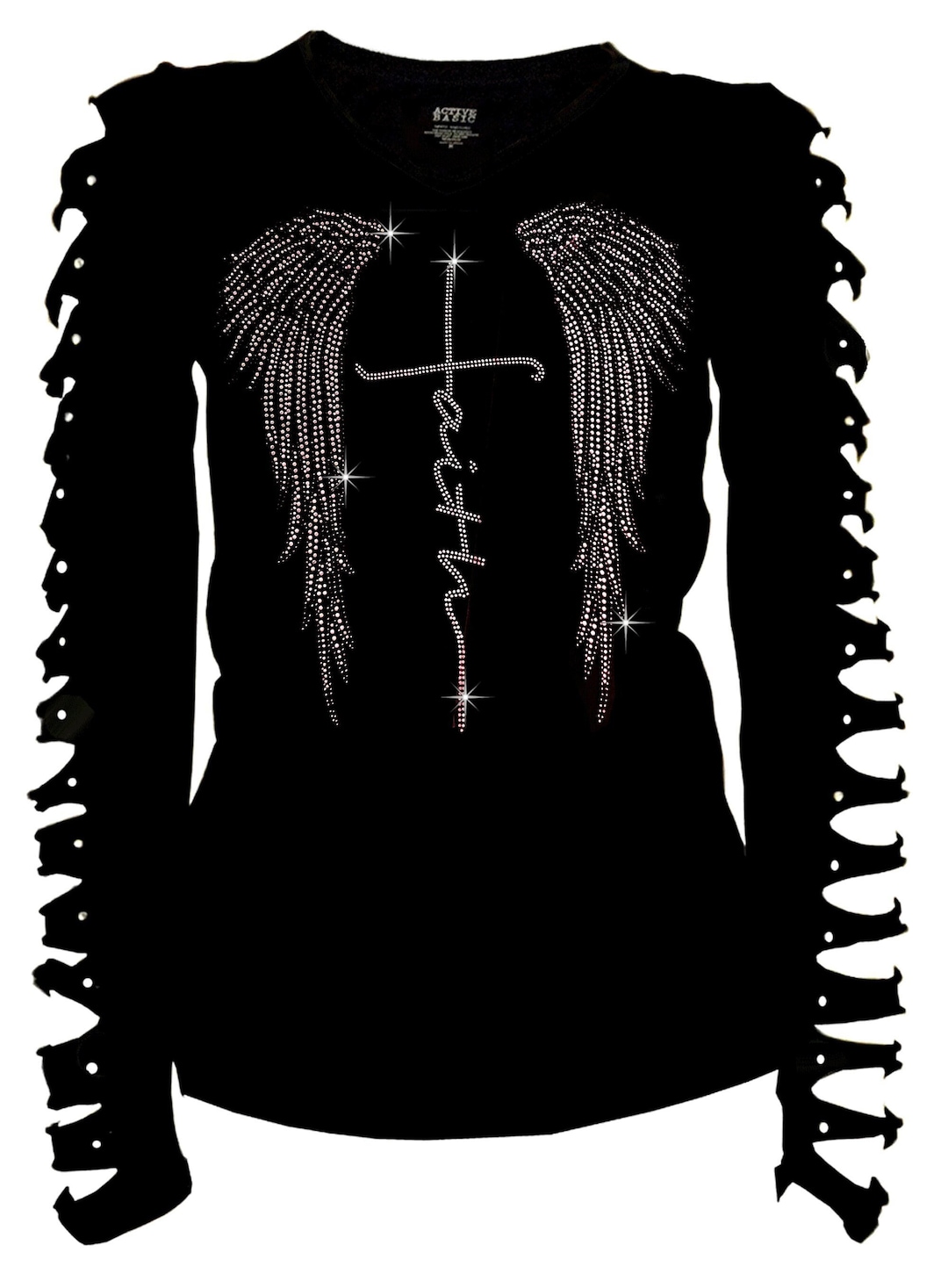 Rhinestone Faith Graphic T-shirt: Ripped Cut Out Long Sleeves V-neck ...