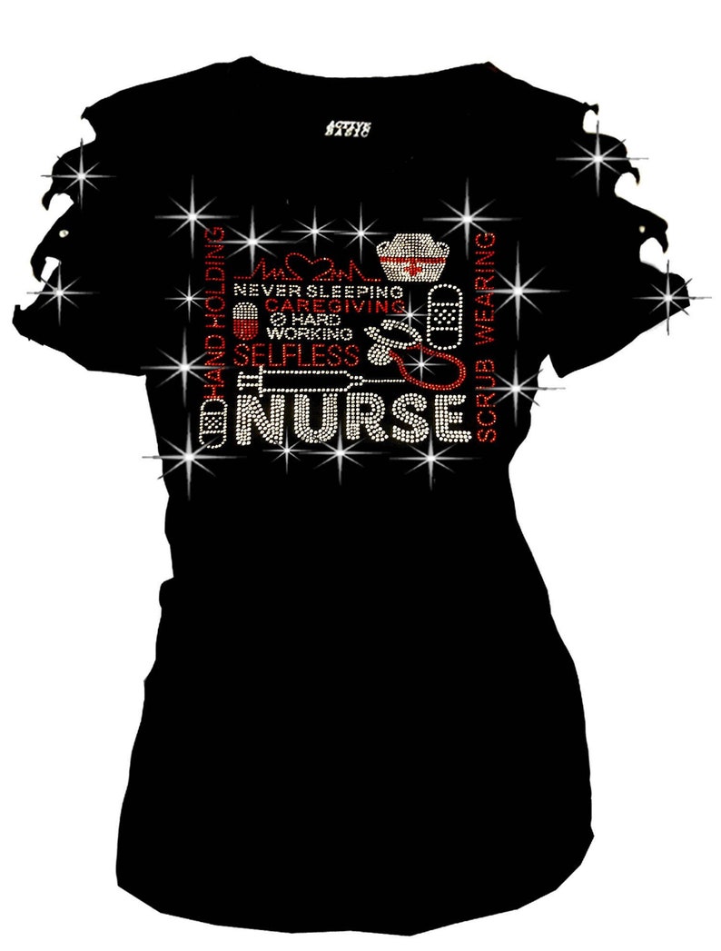 Rhinestone Medical Nurse T-shirt: Ripped Cut Out Short Sleeves V-neck ...