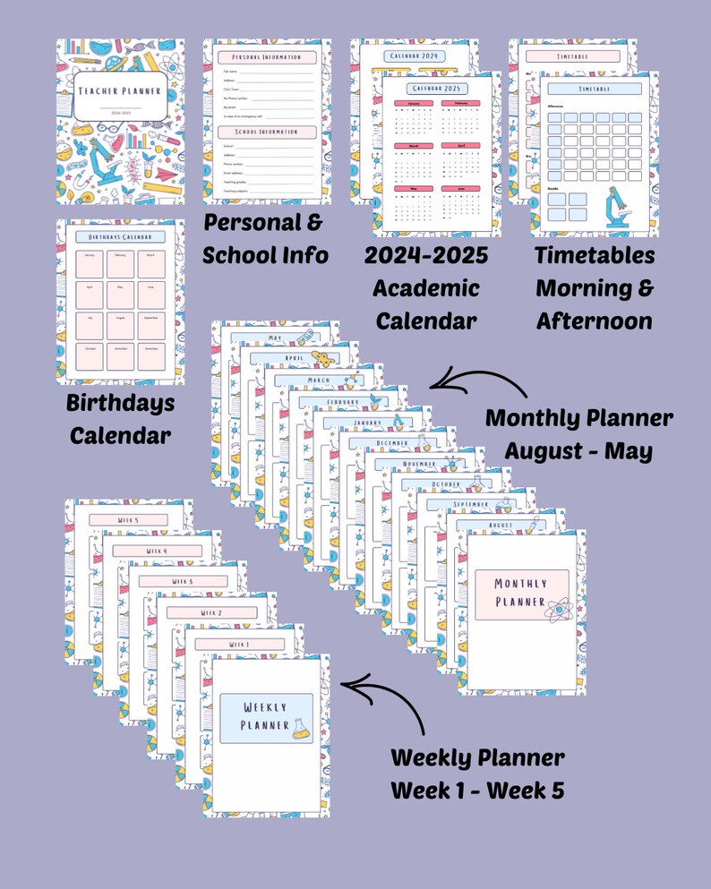 Teacher Planner, Academic Planner for Teachers, Pastel Science Doodles ...