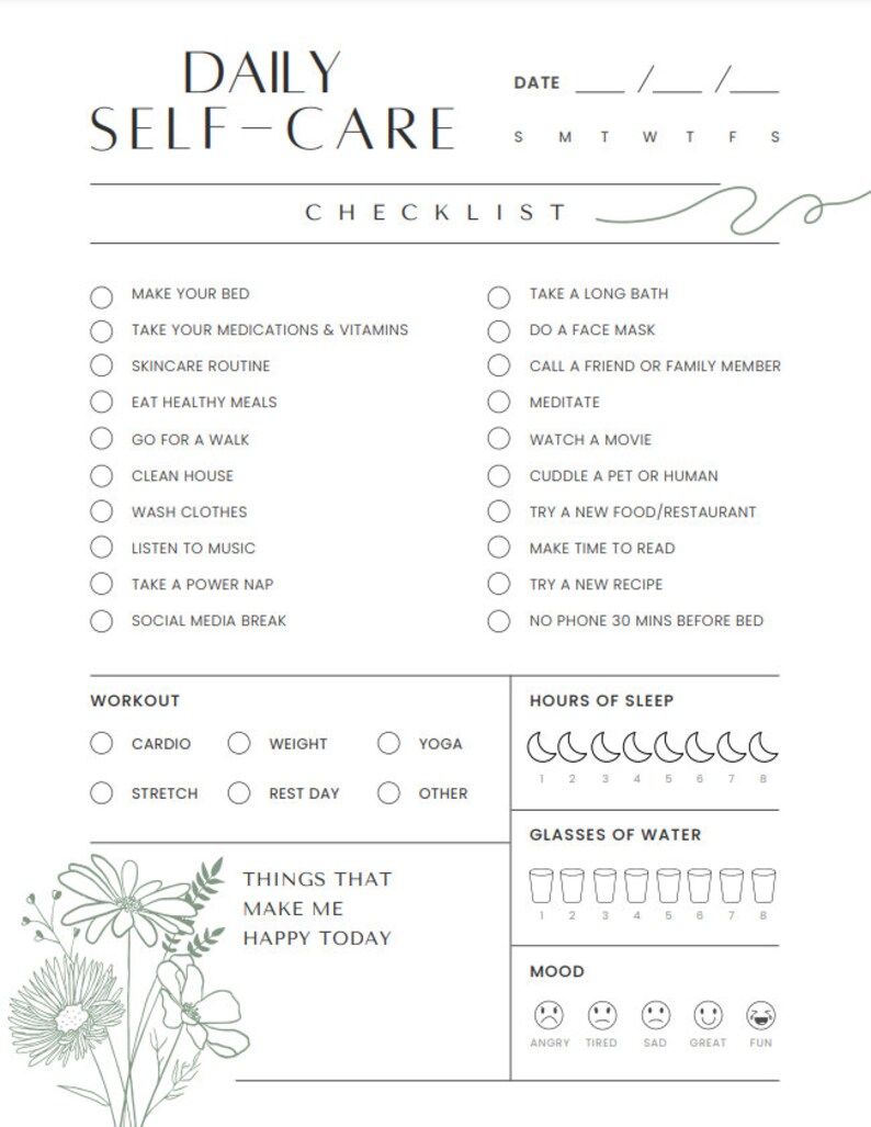 Minimalist Daily Self-care Checklist Planner, Chic Planner, Digital ...
