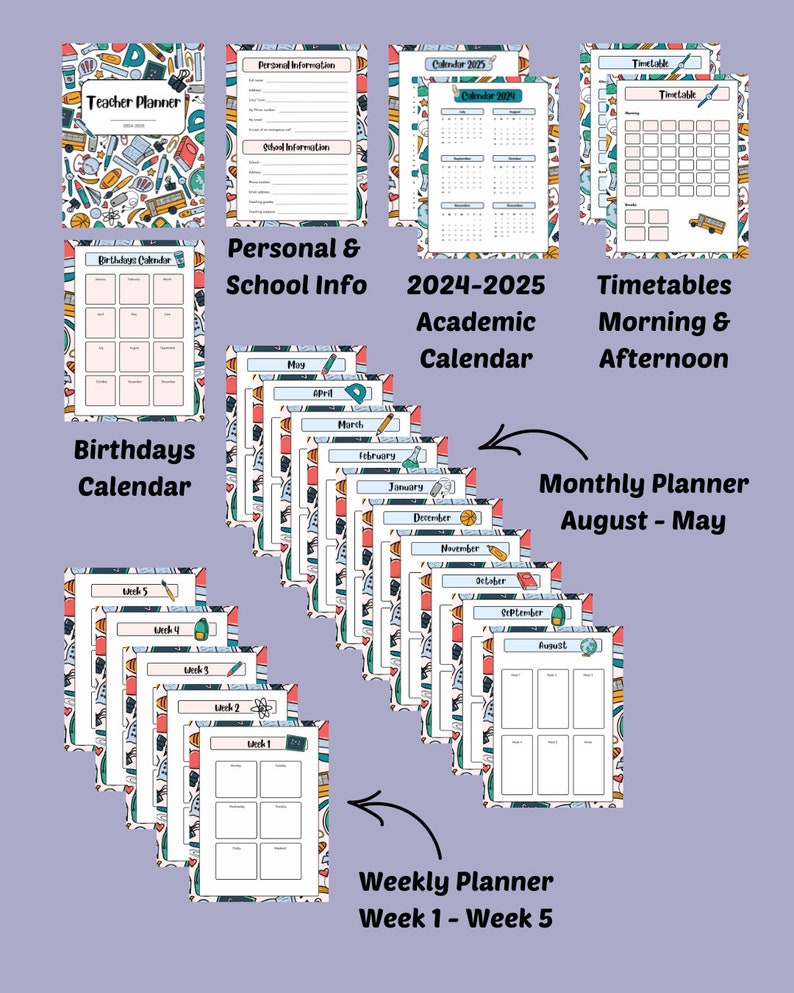 Teacher Planner, Academic Planner for Teachers, School Theme Doodles ...