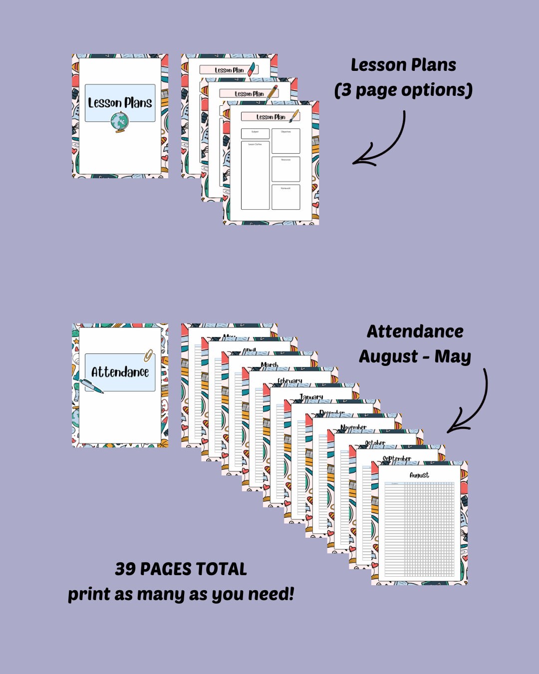 Teacher Planner, Academic Planner for Teachers, School Theme Doodles ...