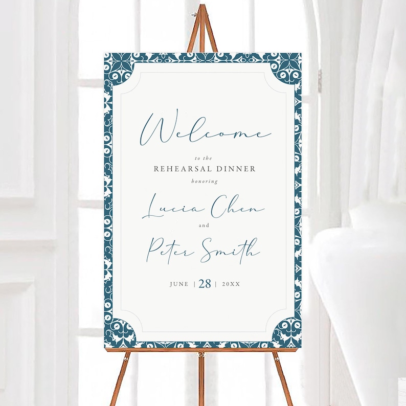Elegant Grecian Tile Welcome Sign for Rehearsal Dinner - Custom Navy ...