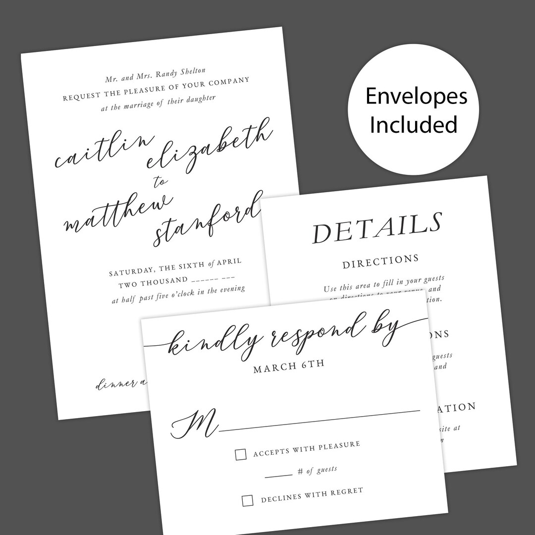 Elegant Slanted Script Wedding Invitation: Formal, Minimalist, Printed Stationery for Your ...