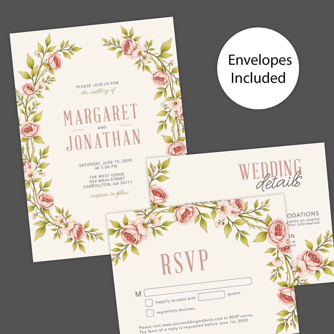 Elegant Vintage Rose Wedding Invitation Suite: Romantic Spring Floral ...