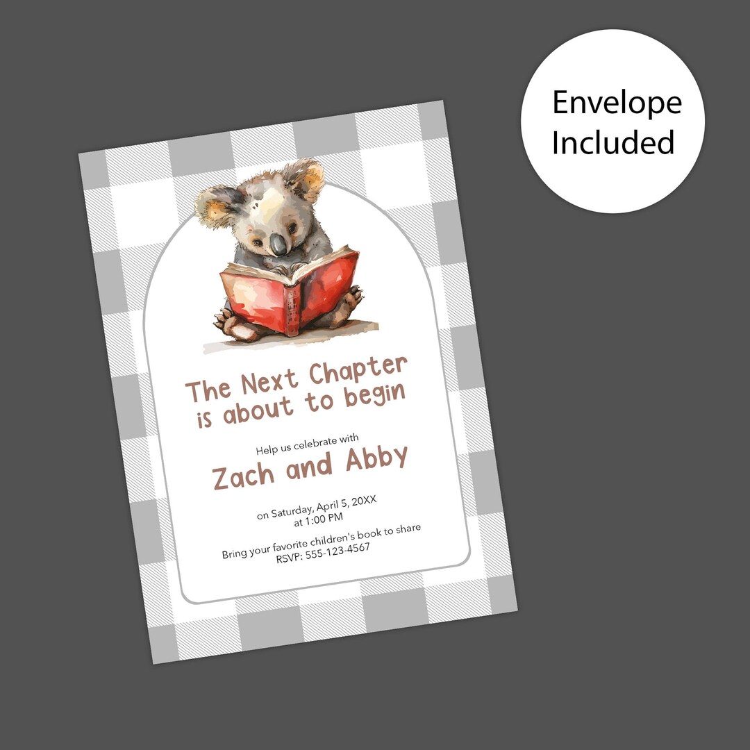 Koala Storytime Baby Shower Invitation: Buffalo Plaid Book Theme ...