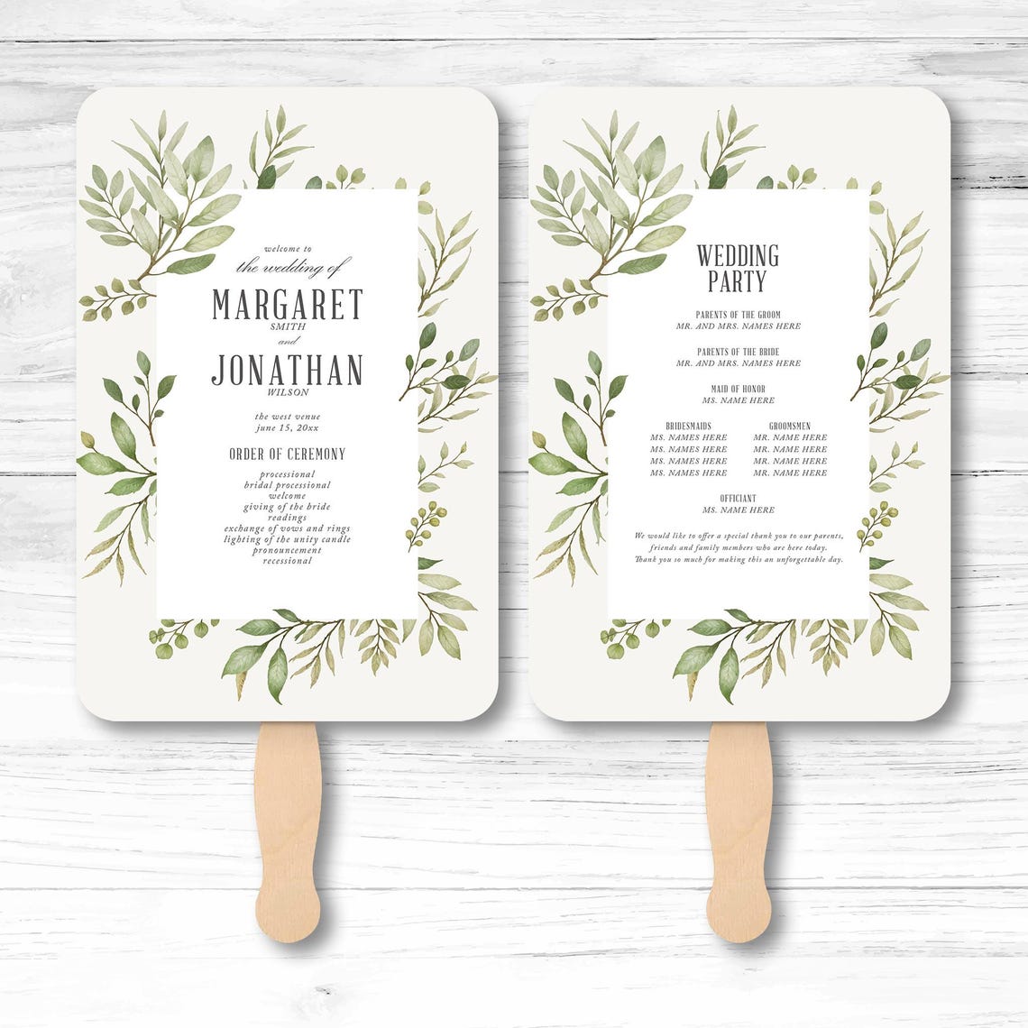 Botanical Greenery Wedding Program Fans: Customized Ceremony ...