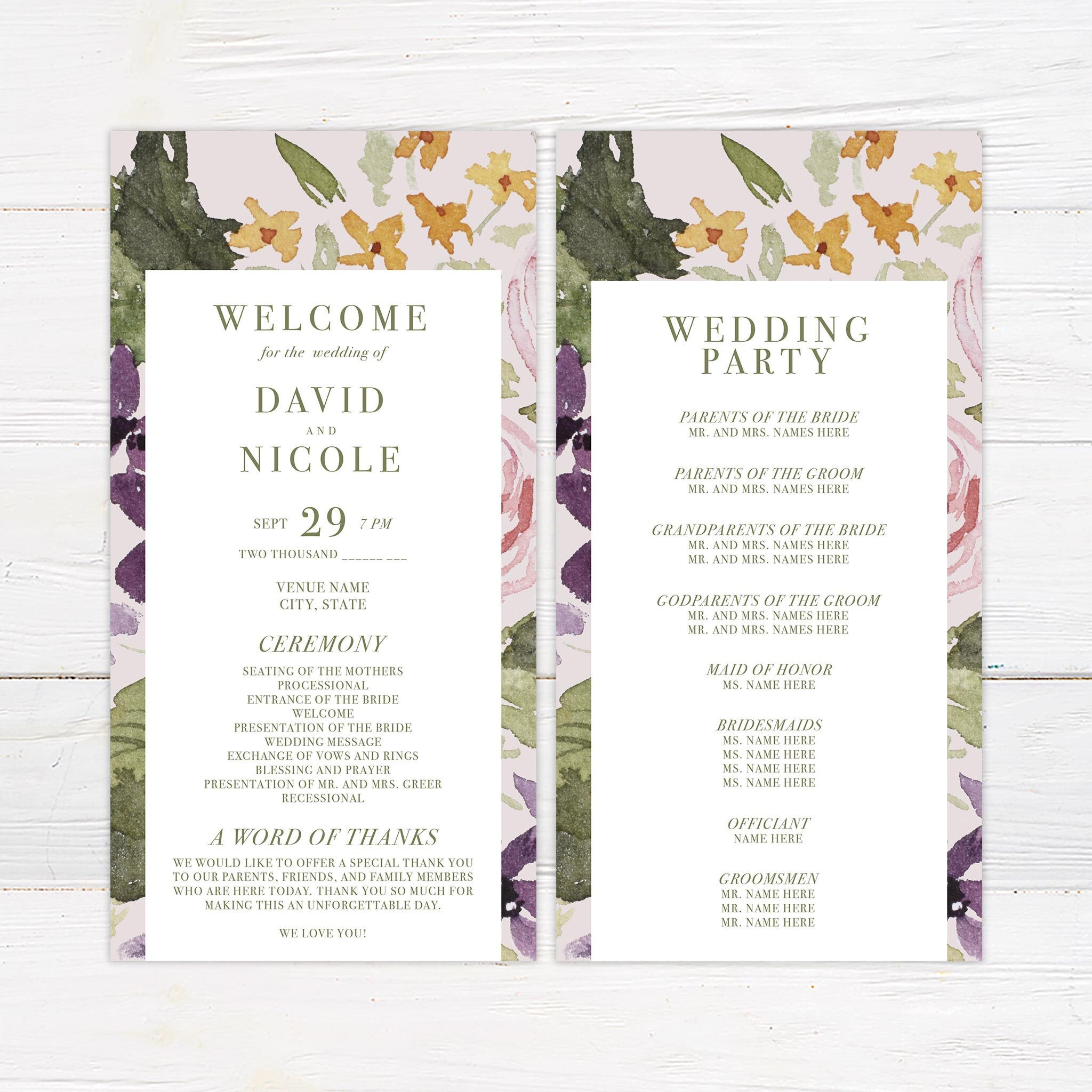 Colorful Botanical Program: Pastel Flowers Program - Etsy