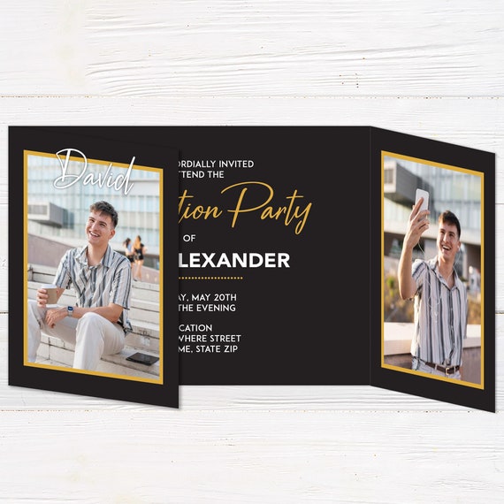 Folded Graduation Announment Black Modern Textured Photo Tri Fold