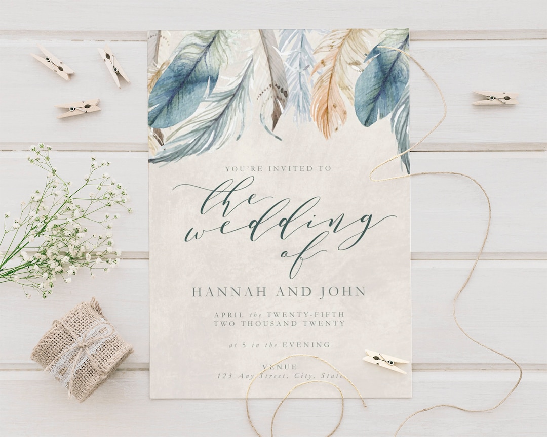 Natural Feather Wedding Invitations & RSVP Card Set, Bohemian Feather ...