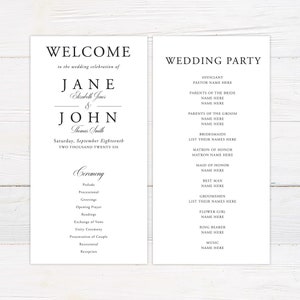 Elegant Wedding Program Template: Minimalist Monochrome Order of Service for Formal Events ...