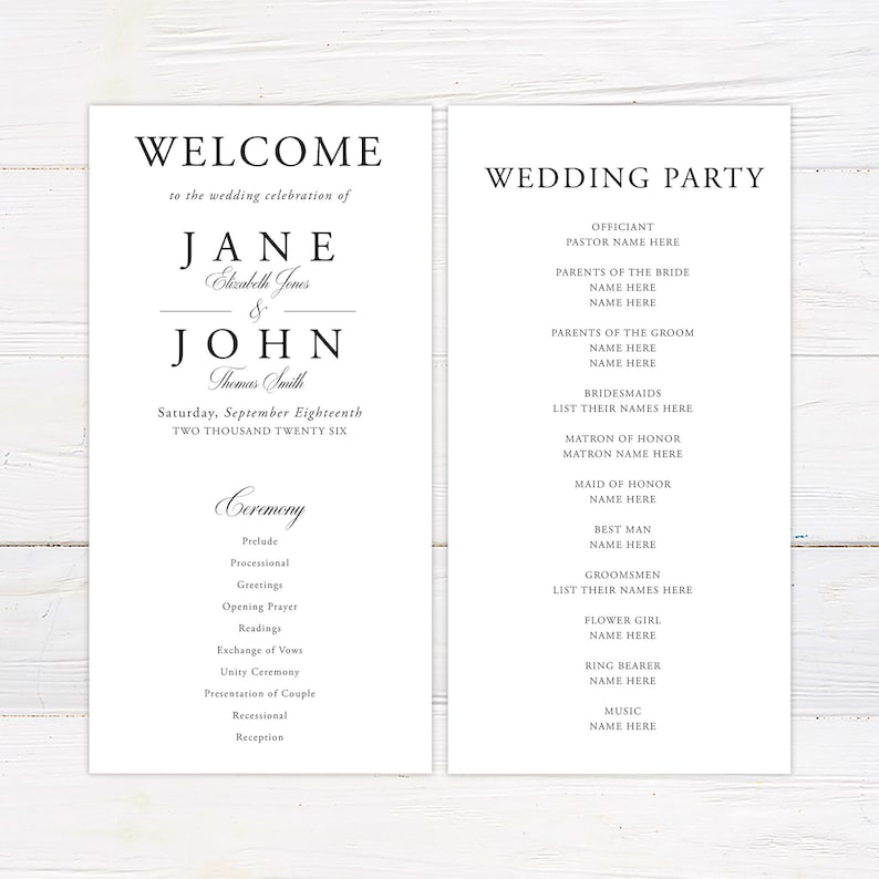 Elegant Wedding Program Template: Minimalist Monochrome Order of ...