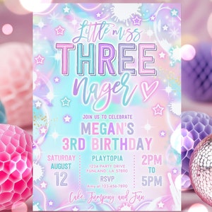 Editable Little Miss Three-nager 3rd Birthday Party Invitation Neon ...