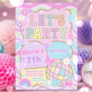 Editable Preppy Tween Teen Birthday Party Invitation Groovy Pink Wavy ...