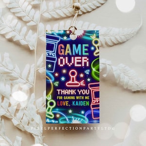 Editable Arcade Party Luggage Favor Tag Boy Neon Glow Retro Video ...