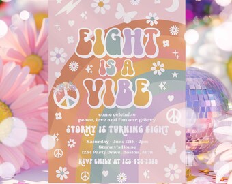 Editable Eight is A Vibe Groovy Birthday Party Invitation Peace Love ...