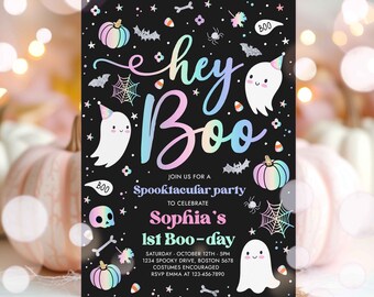 EDITABLE Halloween Ghost Birthday Invitation Hey Boo Girly Cute Ghost ...