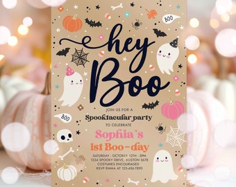 Editable Halloween Pink Ghost Birthday Invitation Hey Witches Girly ...