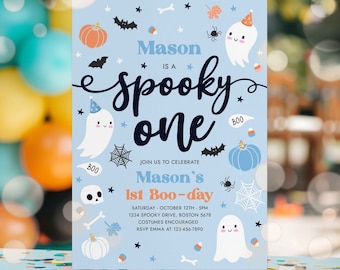 Editable Halloween Boy Ghost Birthday Invitation Hey Boo Cute Blue ...