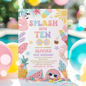 Editable Splash Into Ten 10th Birthday Pool Party Invitation Tropical ...
