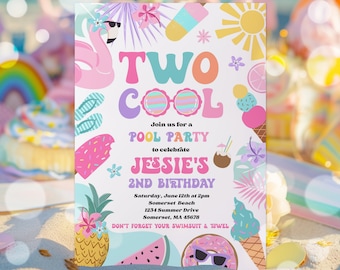 Two Cool Pool Party Birthday Invitation,editable Summer Tropical Splish ...
