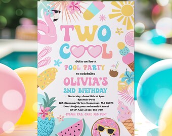 Two Cool Pool Party Birthday Invitation,editable Summer Tropical Splish ...