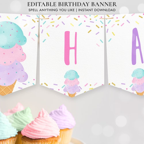 Editable Ice Cream Birthday Party Banner Ice Cream Any Age - Etsy