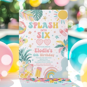 Editable Splash Into Six 6th Birthday Pool Party Invitation Tropical ...