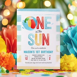 Editable One in the Sun 1st Birthday Party Invitation Beach Ball Summer ...