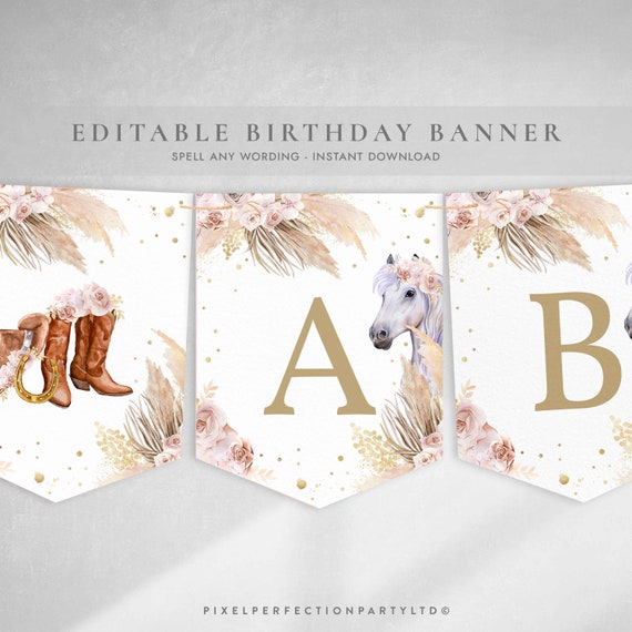 Editable Cowgirl Birthday Banner Fully Editable Horse Birthday Party ...