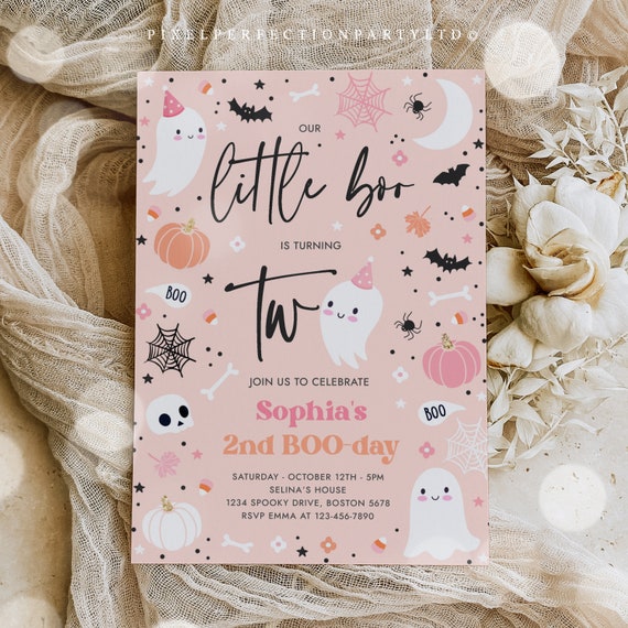 Editable Little Boo 2nd Birthday Party Invitation Cute Pink Halloween ...