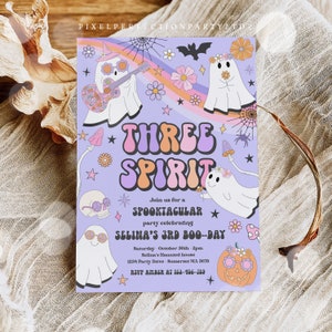 Editable Three Spirit Halloween Ghost 3rd Birthday Invitation Retro ...