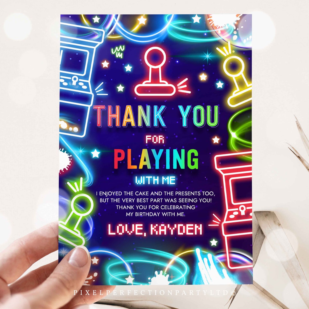 Editable Arcade Party Thank You Card Boy Neon Glow Retro Video Gaming ...