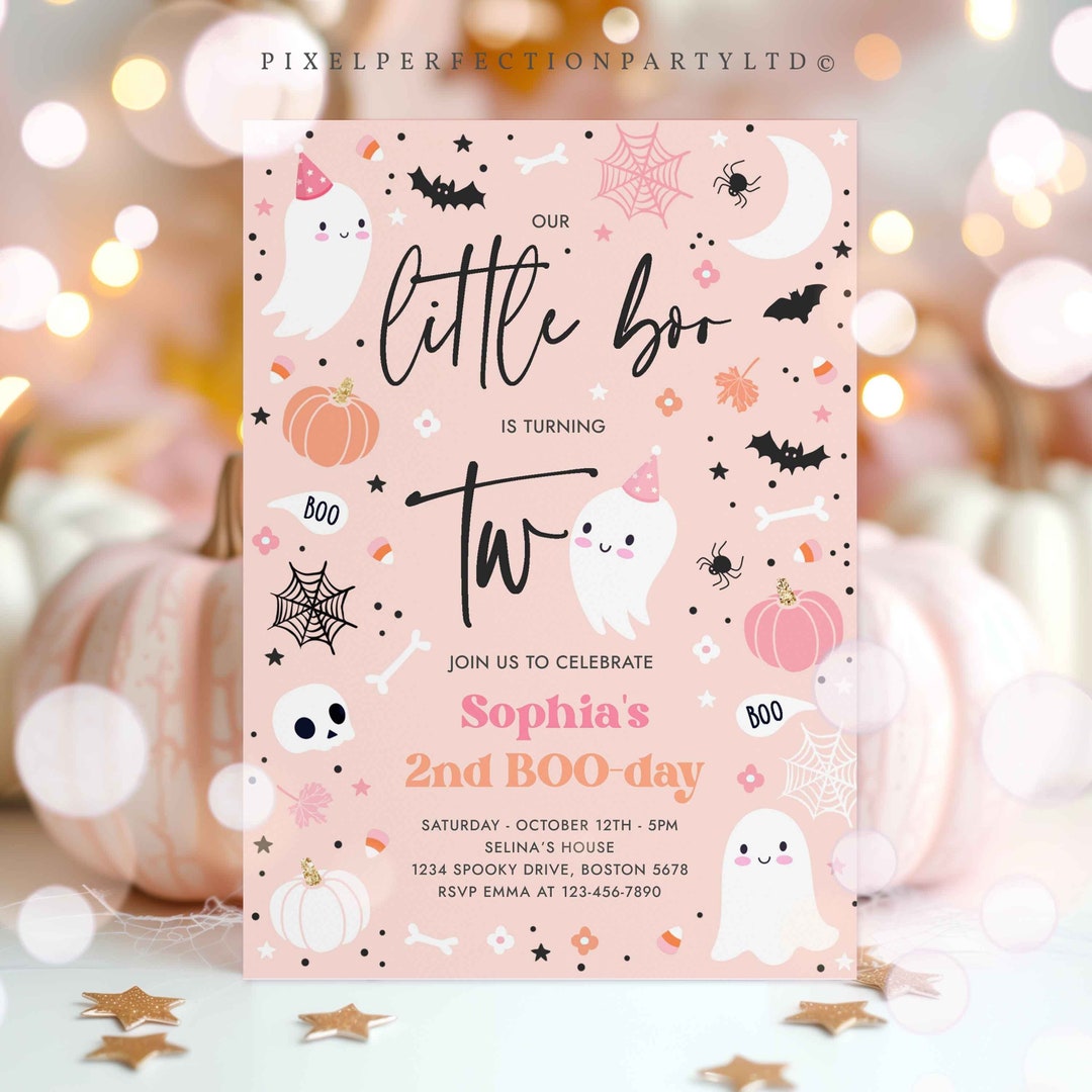 Editable Little Boo 2nd Birthday Party Invitation Cute Pink Halloween ...