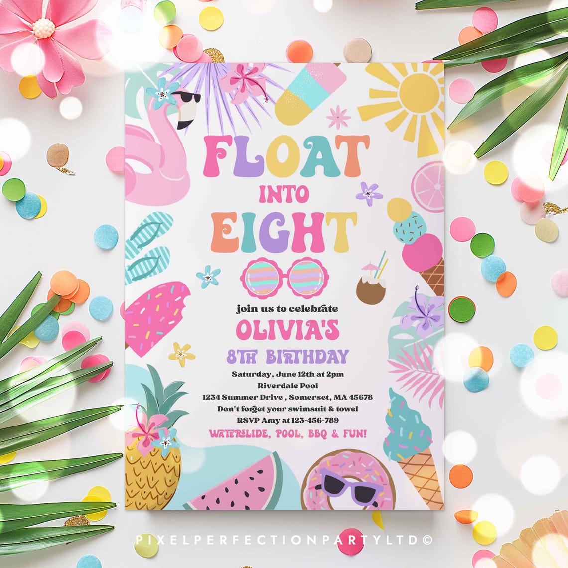 Editable Float Into Eight 8th Birthday Party Invitation Tropical Summer ...