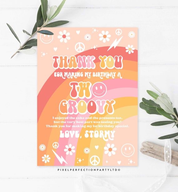 Editable Groovy Birthday Party Thank You Card Two Groovy Birthday Party ...