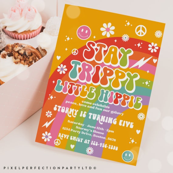 Editable Groovy Birthday Party Invitation Stay Trippy Little Hippie ...