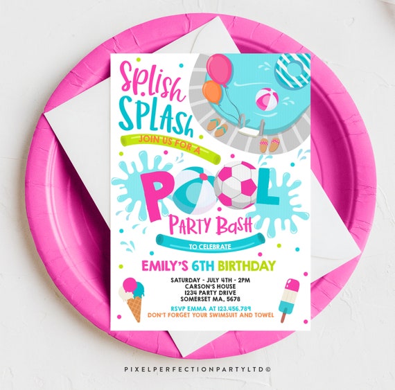 Editable Girl Soccer Pool Party Invitation Sports Summer Pink Girl Pool ...