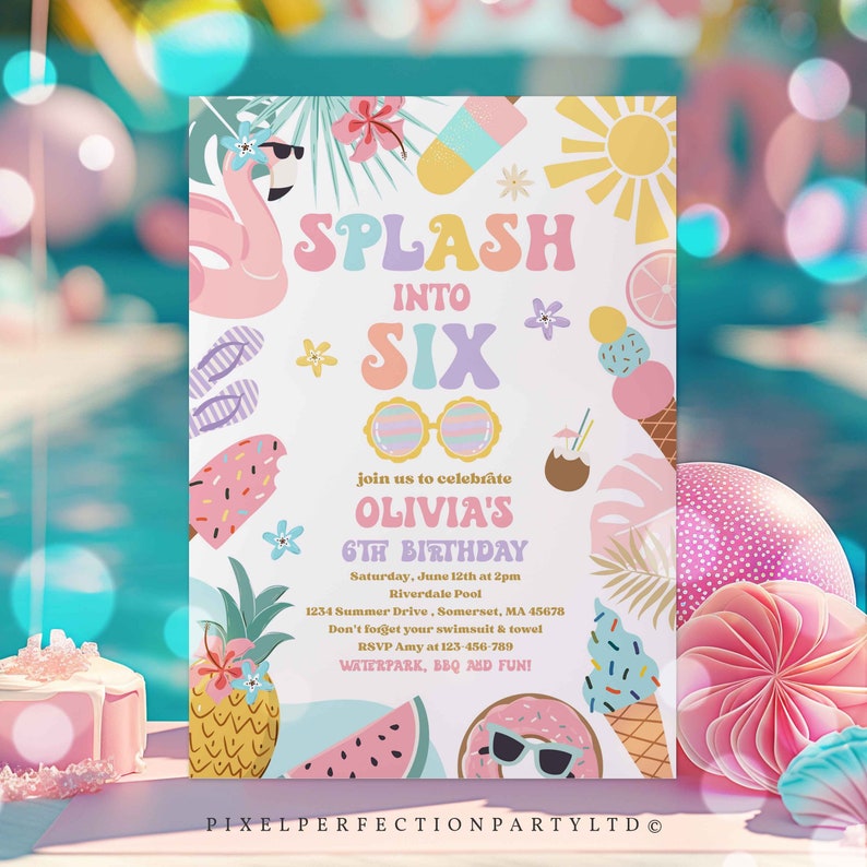 Editable Splash Into Six 6th Birthday Pool Party Invitation Tropical ...