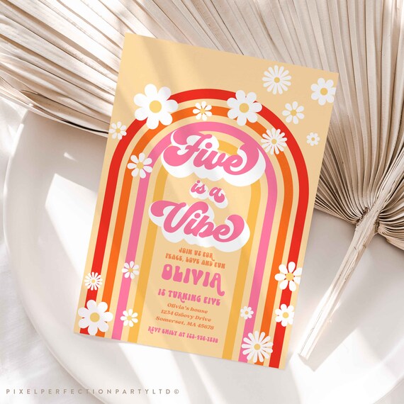 Editable Five Is A Vibe Groovy Birthday Party Invitation Groovy Rainbow ... Editable Five Is A Vibe Groovy Birthday Party Invitation Groovy Rainbow ...
