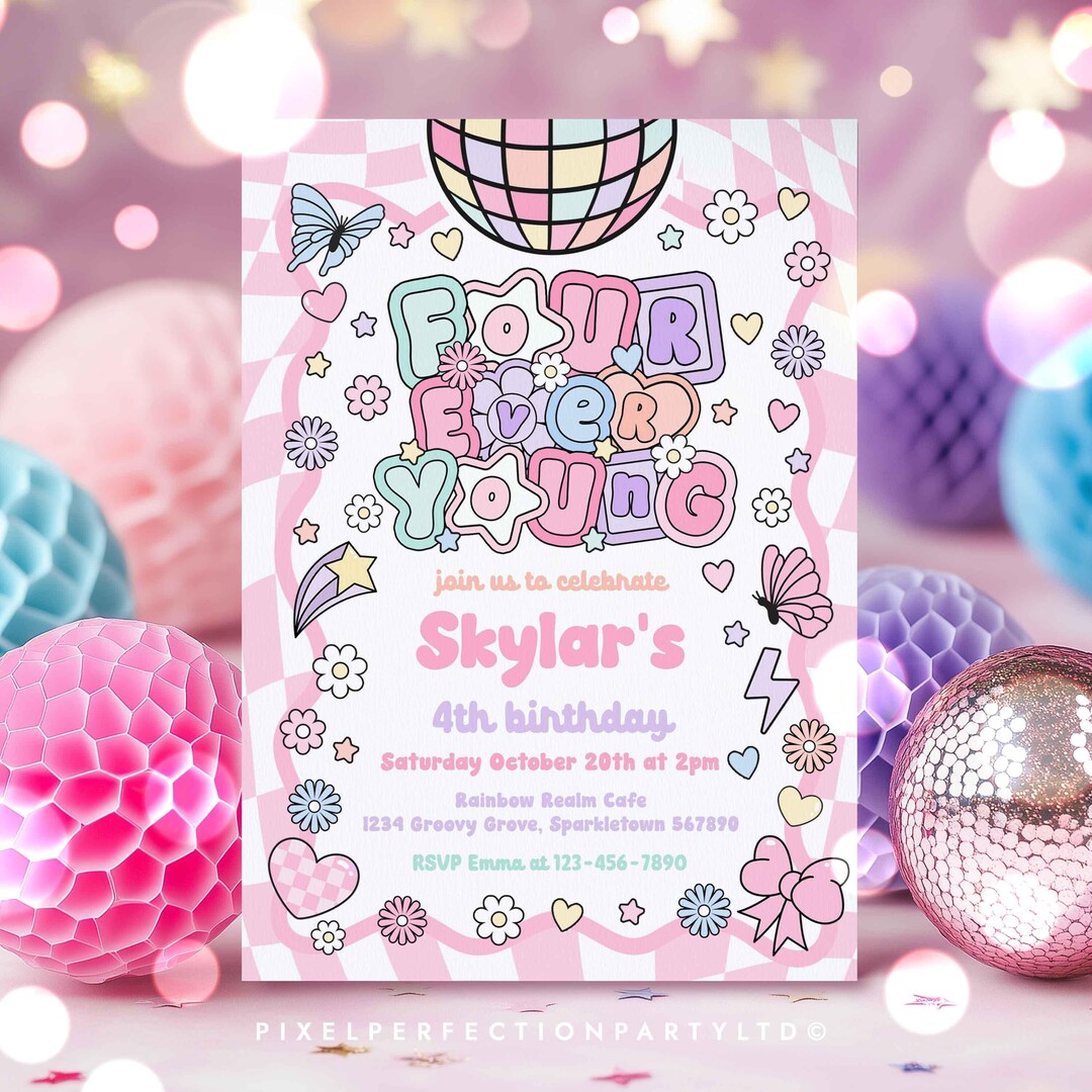 Editable Four Ever Young Preppy Birthday Party Invitation Y2K Retro ...