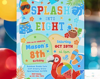 Editable Splash Into Eight 8th Birthday Pool Party Invitation Summer ...