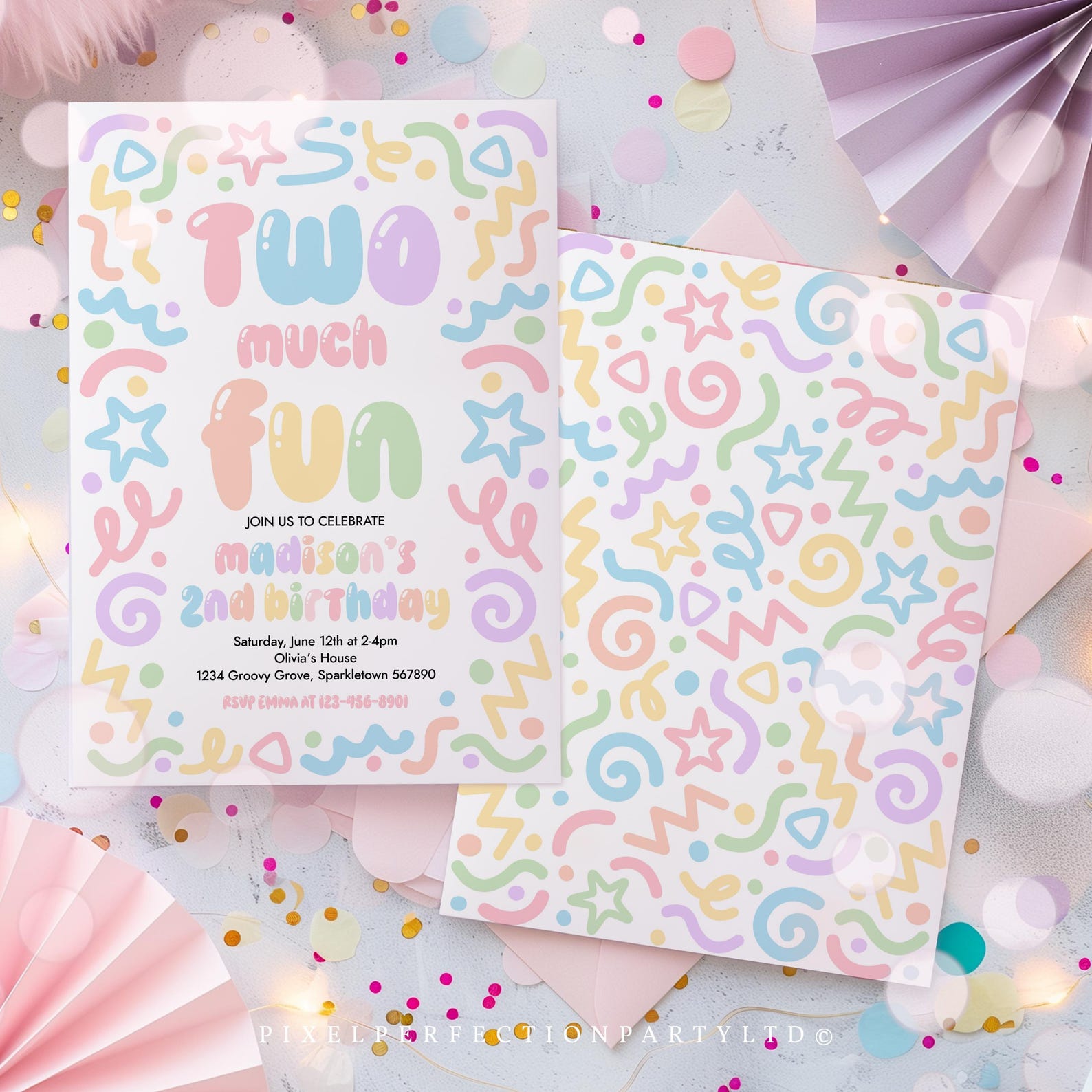 Editable Two Much Fun Balloon Letters Doodle Birthday Party Invitation ...