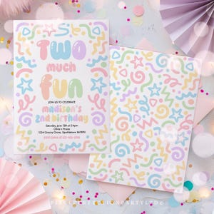 Editable Two Much Fun Balloon Letters Doodle Birthday Party Invitation ...