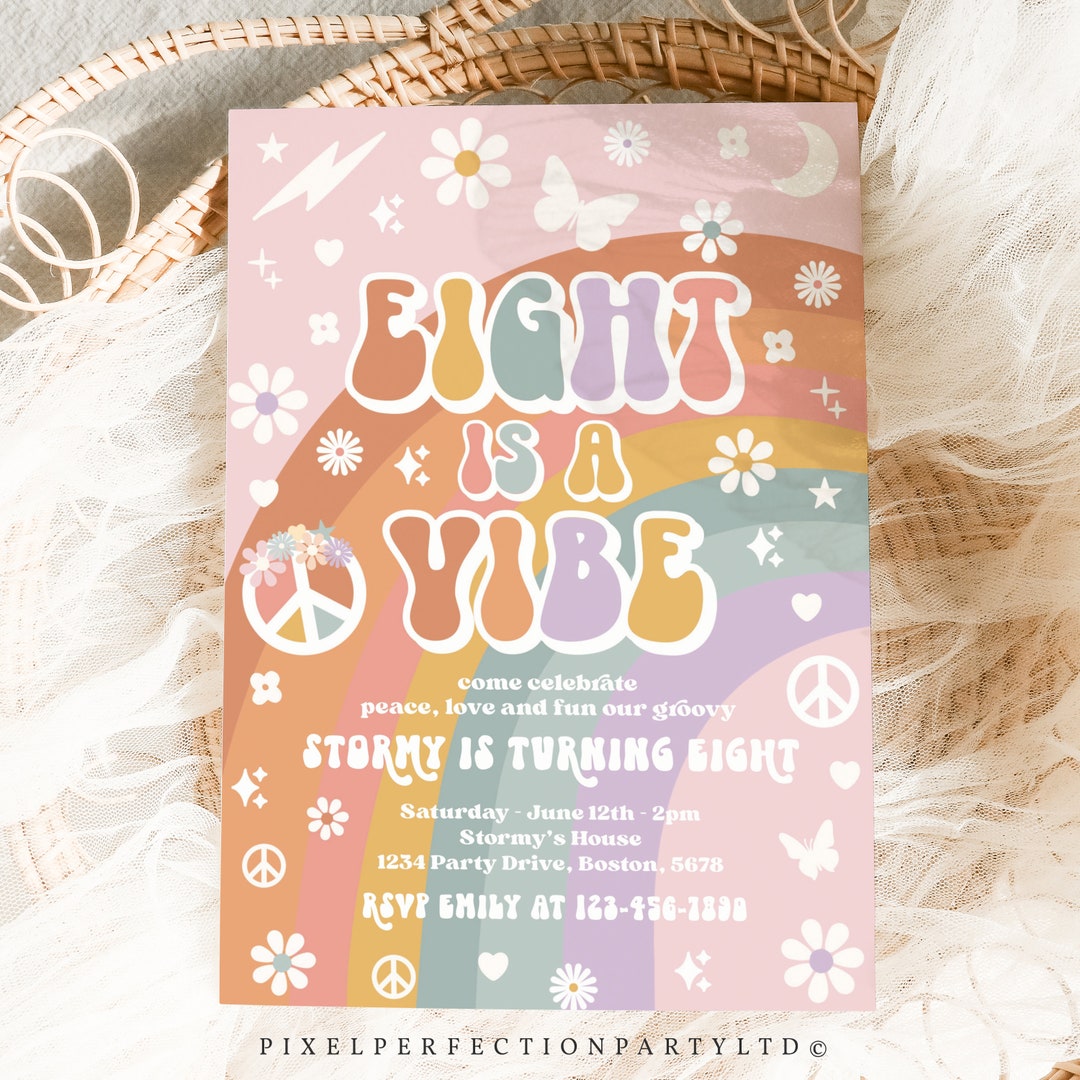 Editable Eight is A Vibe Groovy Birthday Party Invitation Peace Love ...