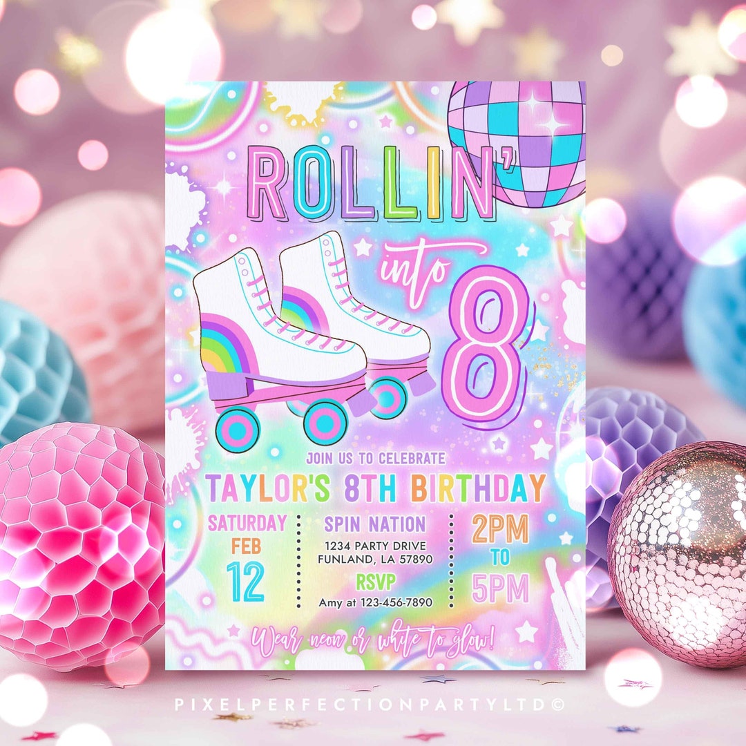 Editable Roller Skating 8th Birthday Party Invitation Rollin' Into ...