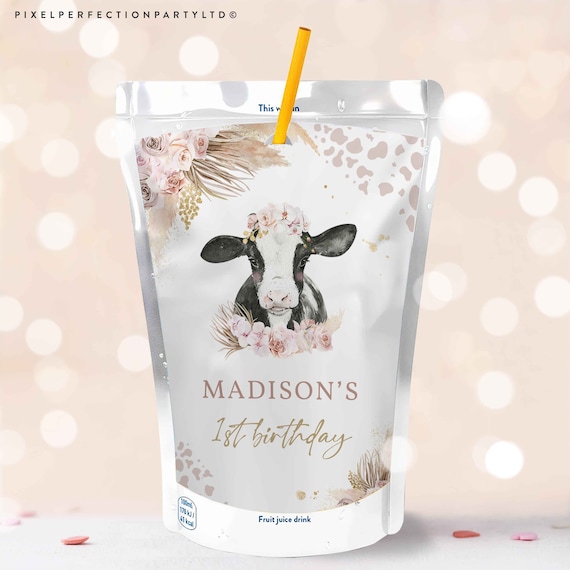 Editable Cow Birthday Party Juice Pouch Labels Holy Cow I'm One Boho ...