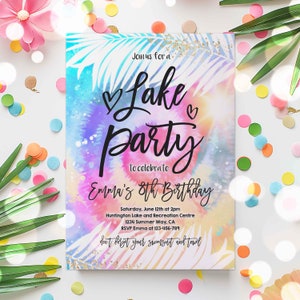 Editable Lake Party Invitation Girly Tie Dye Lake Birthday Party ...